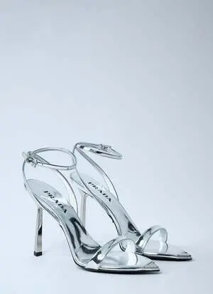Prada Leather Stiletto Heeled Sandals With Side Buckle - Silver