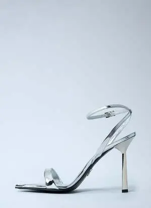 Prada Leather Stiletto Heeled Sandals With Side Buckle - Silver