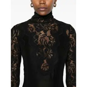 Rabanne Lace Appliqué High Neck Long Sleeve Gown - Black