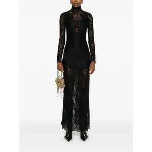 Rabanne Lace Appliqué High Neck Long Sleeve Gown - Black