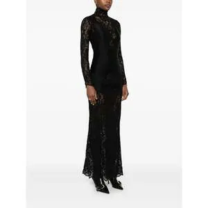 Rabanne Lace Appliqué High Neck Long Sleeve Gown - Black