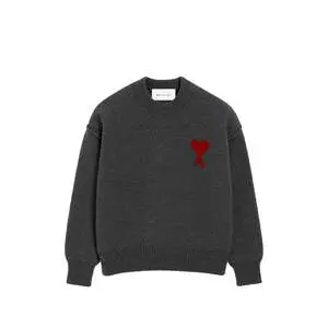 Ami Heather Grey Wool Knit Crew Neck Jumper With Intarsia Heart