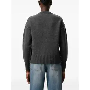 Ami Heather Grey Wool Knit Crew Neck Jumper With Intarsia Heart