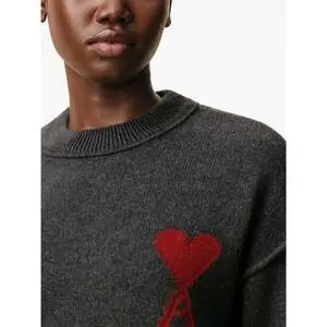 Ami Heather Grey Wool Knit Crew Neck Jumper With Intarsia Heart