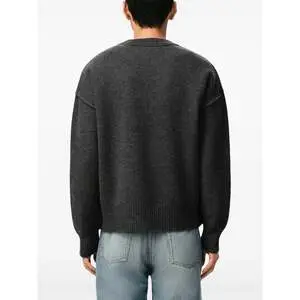 Ami Heather Grey Wool Knit Crew Neck Jumper With Intarsia Heart