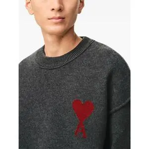AMI Paris Heather Grey Wool Knit Crew Neck Jumper With Intarsia Heart