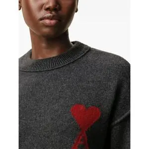 AMI Paris Heather Grey Wool Knit Crew Neck Jumper With Intarsia Heart