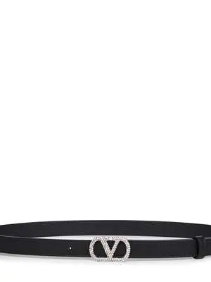 Valentino Garavani Black Leather Crystal-embellished Vlogo Signature Belt - Multicolor