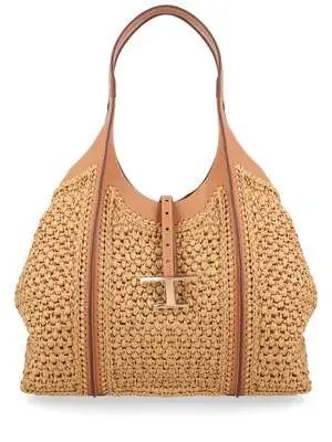 TOD'S TOD'S Raffia Hobo Bag With Calfskin Details Cream