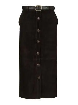 SELF-PORTRAIT Suede Button-front Midi Skirt With Belt - Brown