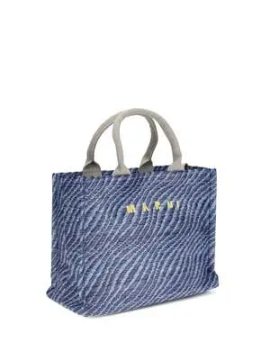 Marni Zebra Pattern Fabric Tote Bag With Leather Handles And Shoulder Strap - Blue