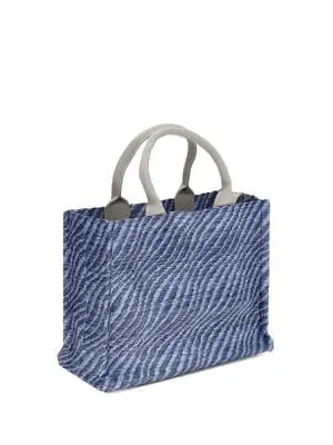 Marni Zebra Pattern Fabric Tote Bag With Leather Handles And Shoulder Strap - Blue