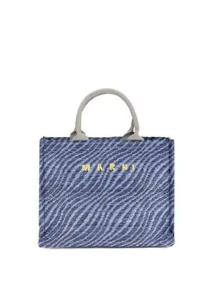 Marni Zebra Pattern Fabric Tote Bag With Leather Handles And Shoulder Strap - Blue