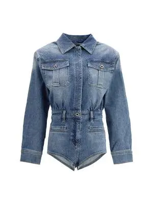 SELF-PORTRAIT Rhinestone Embellished Denim Playsuit - Blue
