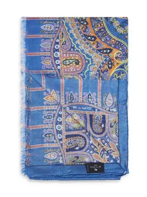 Etro Light Blue Modal And Cashmere Floral Paisley-pattern Scarf