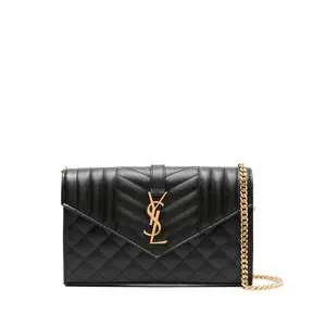 Saint Laurent Quilted Calf Leather Monogram Clutch With Chain Strap - Black