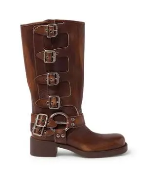 Miu Miu Leather Buckled Boots - Brown