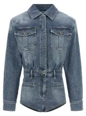 SELF-PORTRAIT Rhinestone Embellished Denim Jumpsuit - Blue