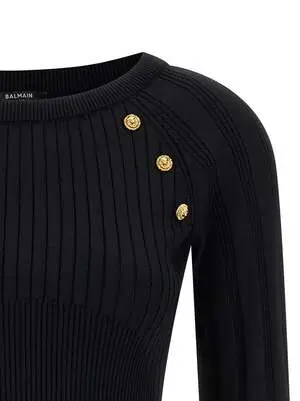 Balmain Ribbed Crew Neck Sweater With Lion Head Buttons - Black