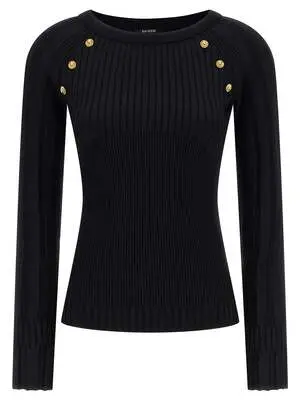 Balmain Ribbed Crew Neck Sweater With Lion Head Buttons - Black