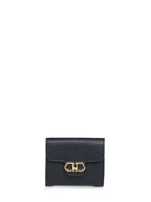 FERRAGAMO Black Hammered Calfskin Leather Gancini Compact Wallet - Multicolor