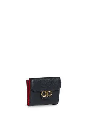 FERRAGAMO Black Hammered Calfskin Leather Gancini Compact Wallet