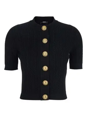 Balmain Black Cable Knit Short Sleeve Cardigan With Button Fastening - Multicolor