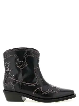 GANNI Low Shaft Embroidered Western Ankle Boots - Black