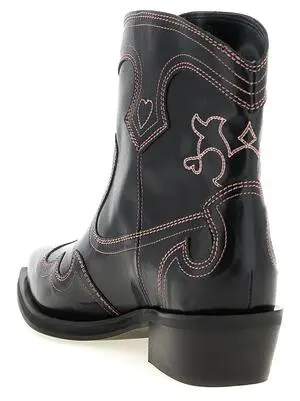 GANNI Low Shaft Embroidered Western Ankle Boots - Black