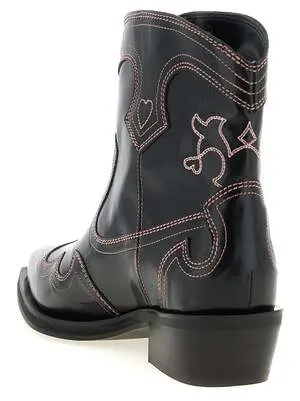 GANNI Low Shaft Embroidered Western Ankle Boots - Black