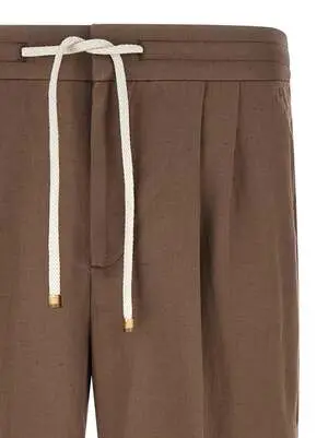 Brunello Cucinelli Linen And Cotton Blend Trousers - Brown