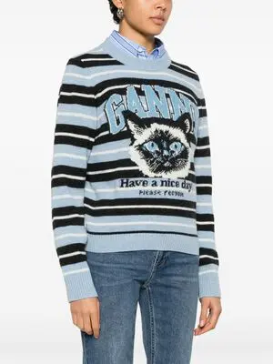 GANNI Striped Crewneck Sweater With Graphic Cat Motif - Multicolor