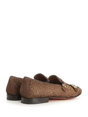 Santoni Suede Moccasins With Double Buckle And Woven Workmanship