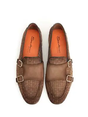 Santoni Suede Moccasins With Double Buckle And Woven Workmanship