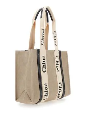 Chloé Linen Tote Bag With Logo Lettering