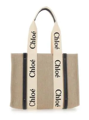 Chloé Linen Tote Bag With Logo Lettering