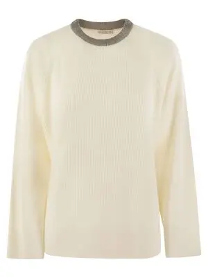 Brunello Cucinelli Ribbed Cashmere Sweater With Embellished Neckline