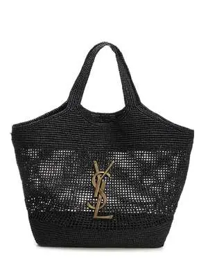 Saint Laurent Icare Raffia Bag With Oversized Casandre Motif - Black