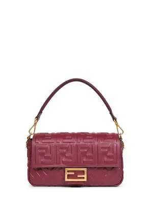 Fendi Burgundy Embossed Ff Motif Calfskin Leather Baguette Shoulder Bag - Multicolor