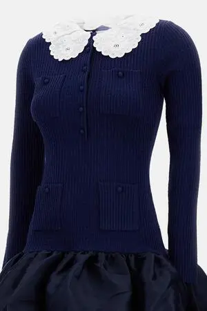 SELF-PORTRAIT Navy Knit Taffeta Mini Dress With Broderie Anglaise Collar - Multicolor