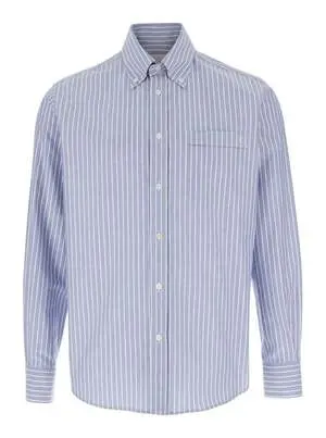 Valentino Garavani Light Blue Shirt With Logo Detail On The Front And All-over Striped Motif In Cotton - Multicolor