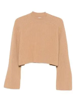 Max Mara Beige Ribbed Knit Cashmere Wool Crew Neck Cropped Sweater - Multicolor