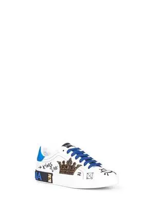 Dolce & Gabbana White Leather Portofino Sneakers With Graffiti And Embellishments - Multicolor