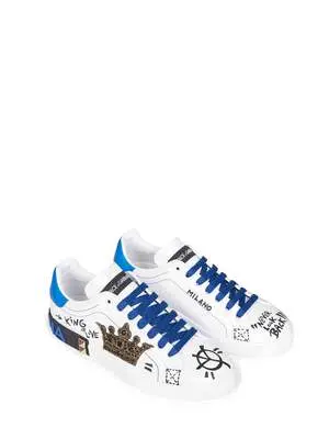 Dolce & Gabbana White Leather Portofino Sneakers With Graffiti And Embellishments - Multicolor