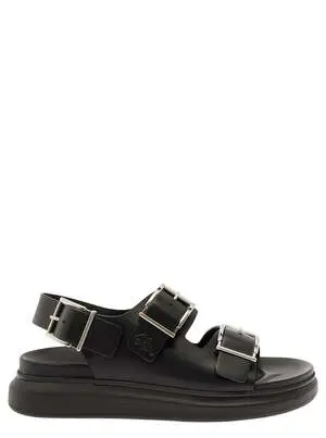 Alexander McQueen Black Leather Slide Sandals With Embossed Logo And Buckles - Multicolor