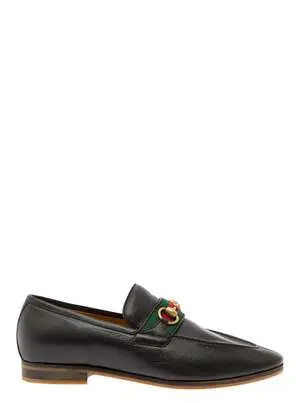 Gucci Black Leather Loafers With Web And Horsebit Detail - Multicolor