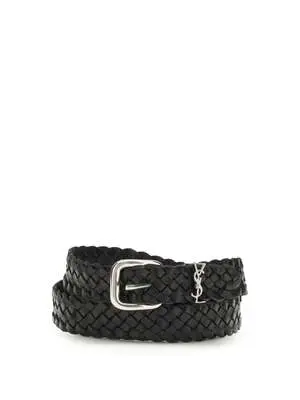 Saint Laurent Cassandre Rectangular Buckle Belt In Woven Leather - Black