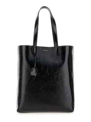 Saint Laurent Embossed Logo Tote Bag In Coated Crinkled Leather - Black