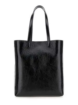 Saint Laurent Embossed Logo Tote Bag In Coated Crinkled Leather - Black