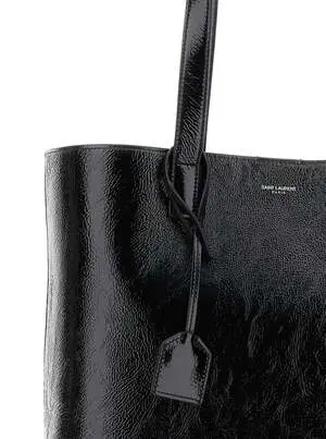 Saint Laurent Embossed Logo Tote Bag In Coated Crinkled Leather - Black